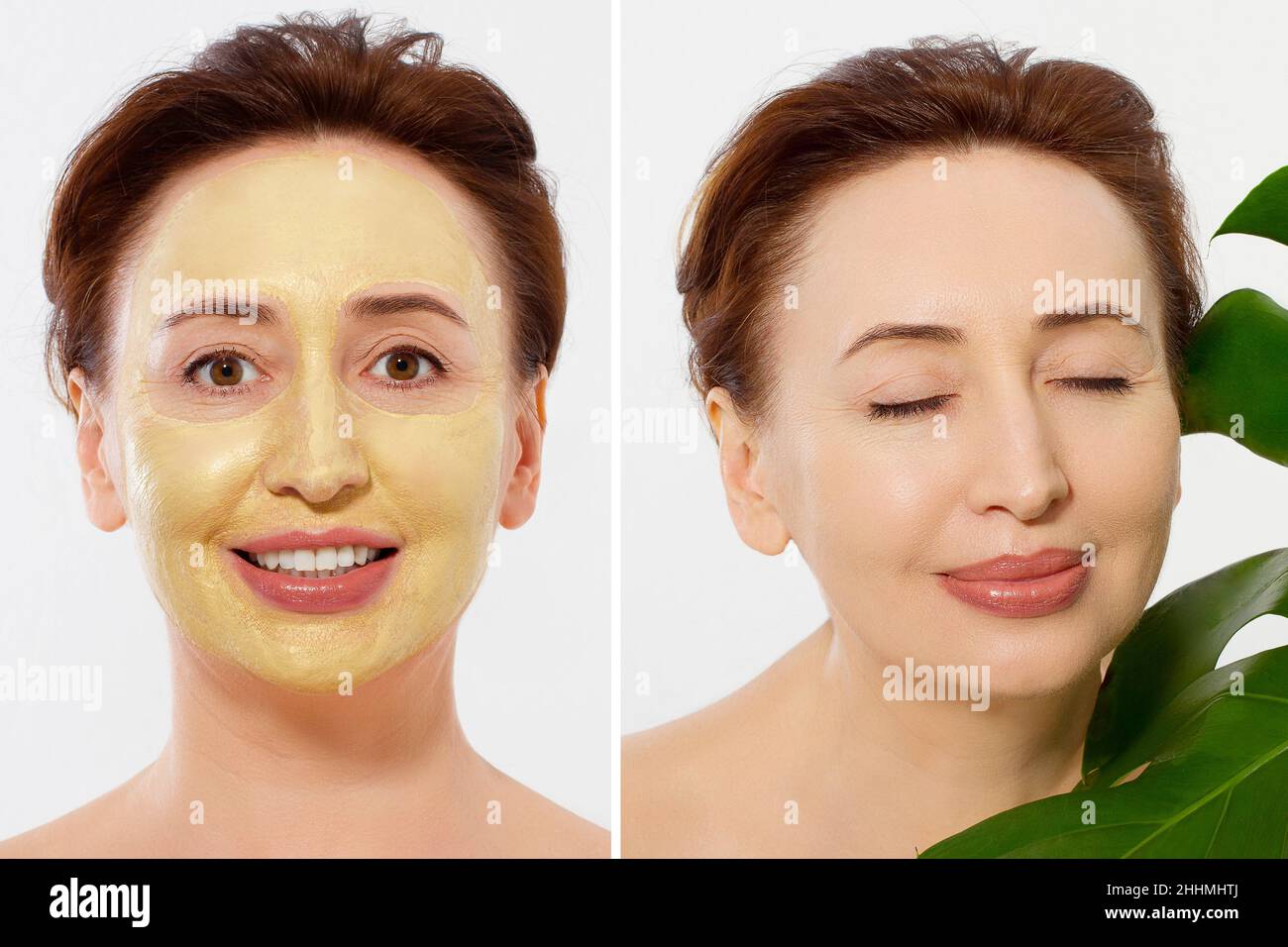 Middle age closeup woman face before after beauty mask treatment ...