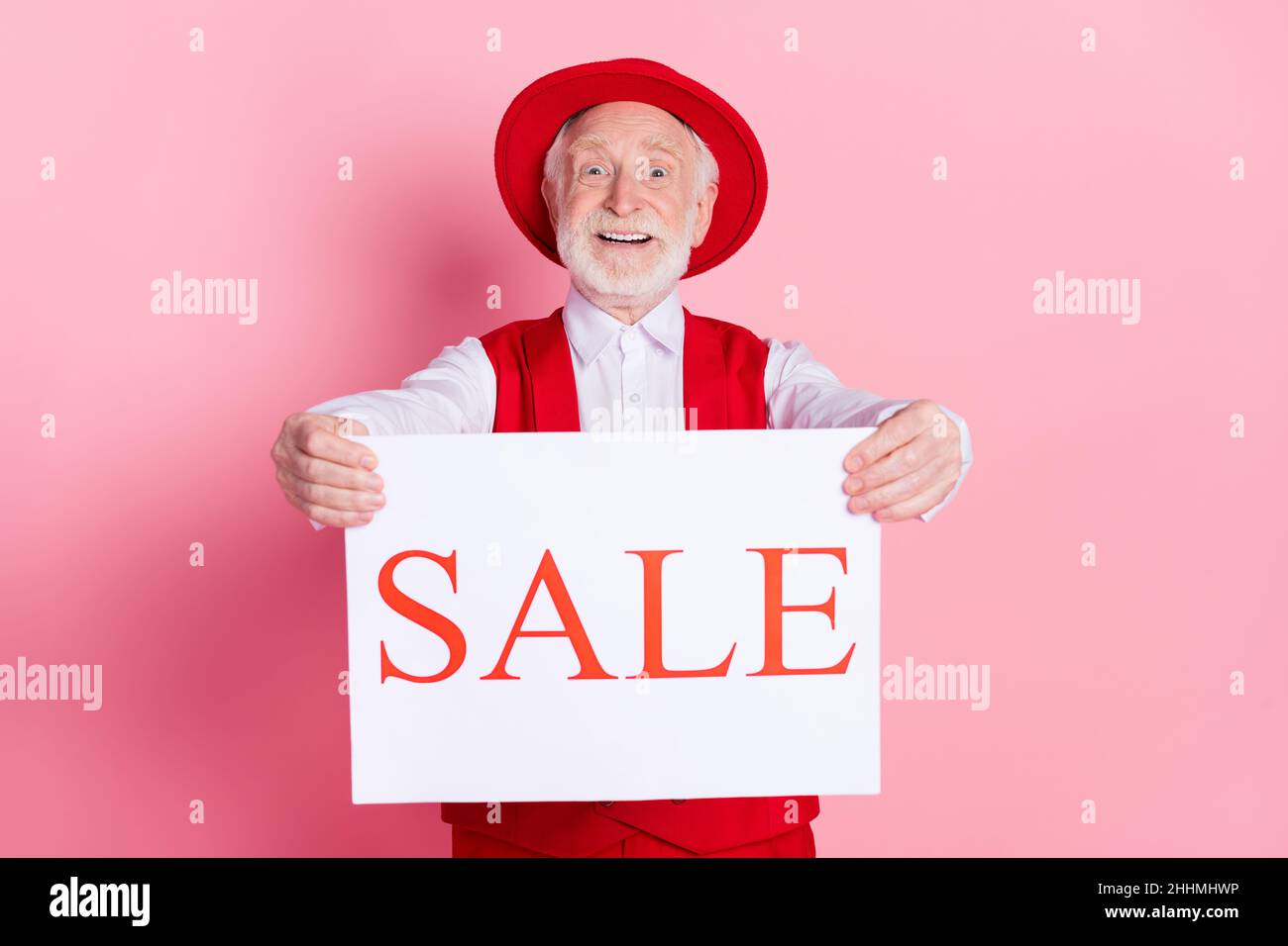Photo of senior man happy positive smile hold advertise sales shop ...