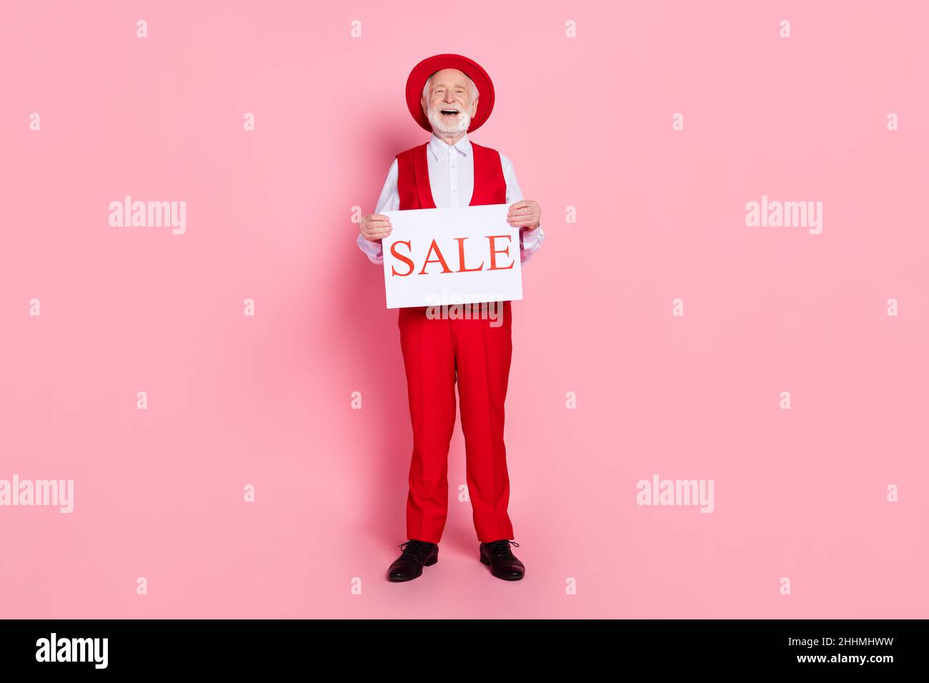 Full body photo of aged handsome man happy positive smile hold poster ...