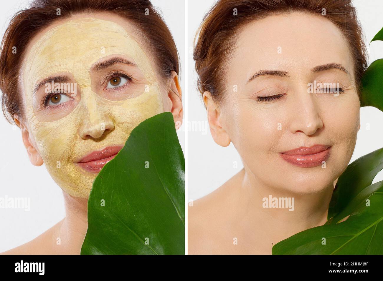 Middle age closeup woman face before after beauty mask treatment ...