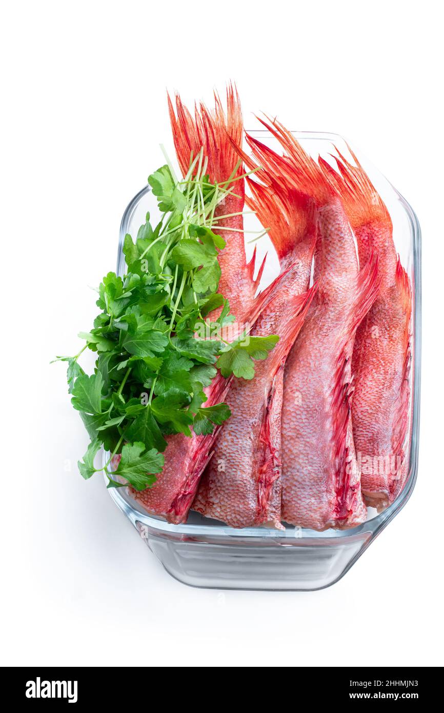 Raw headless gutted redfish in glass bowl isolated on white Stock Photo ...
