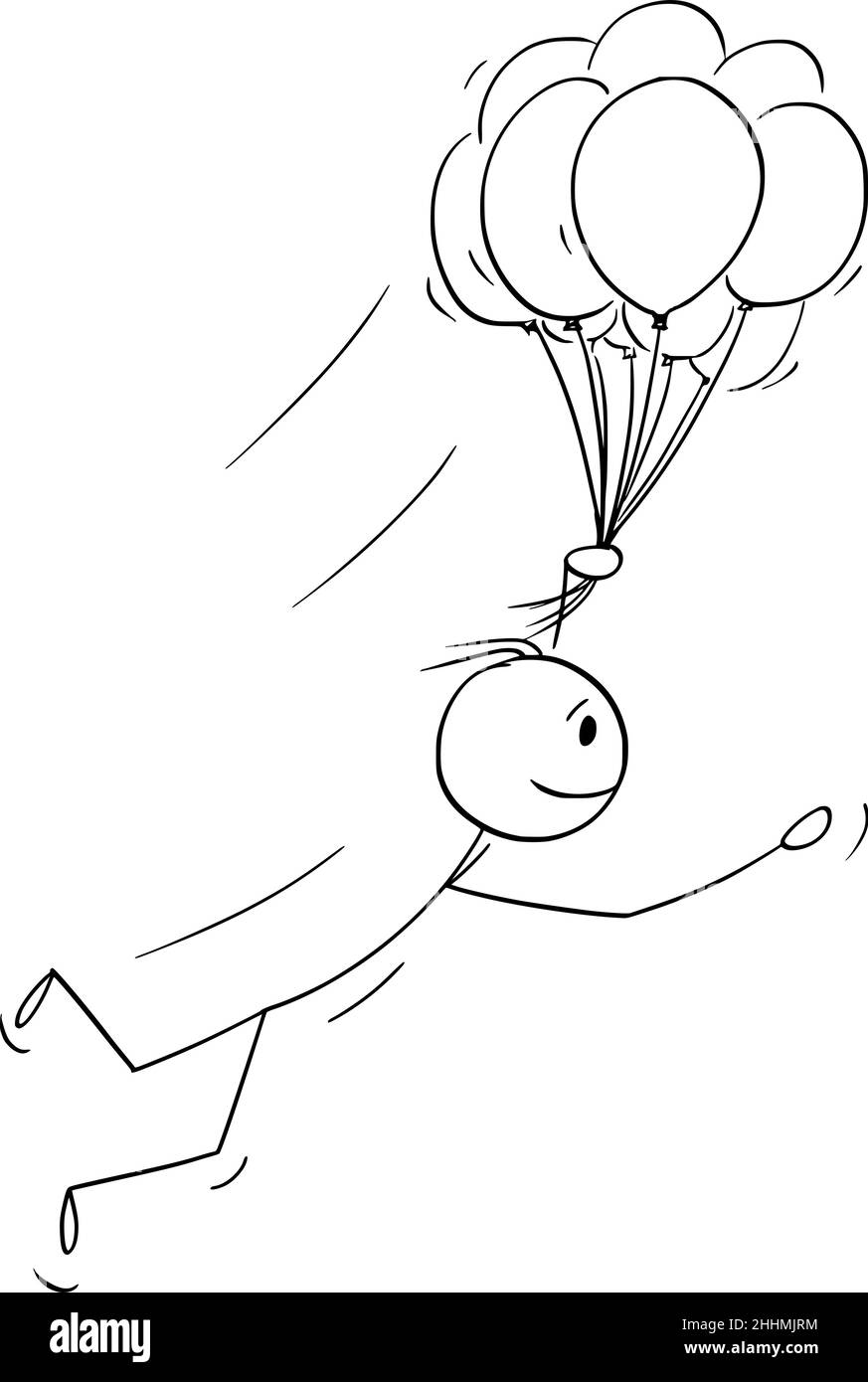 Person or Businessman Flying with Balloons, Vector Cartoon Stick Figure ...