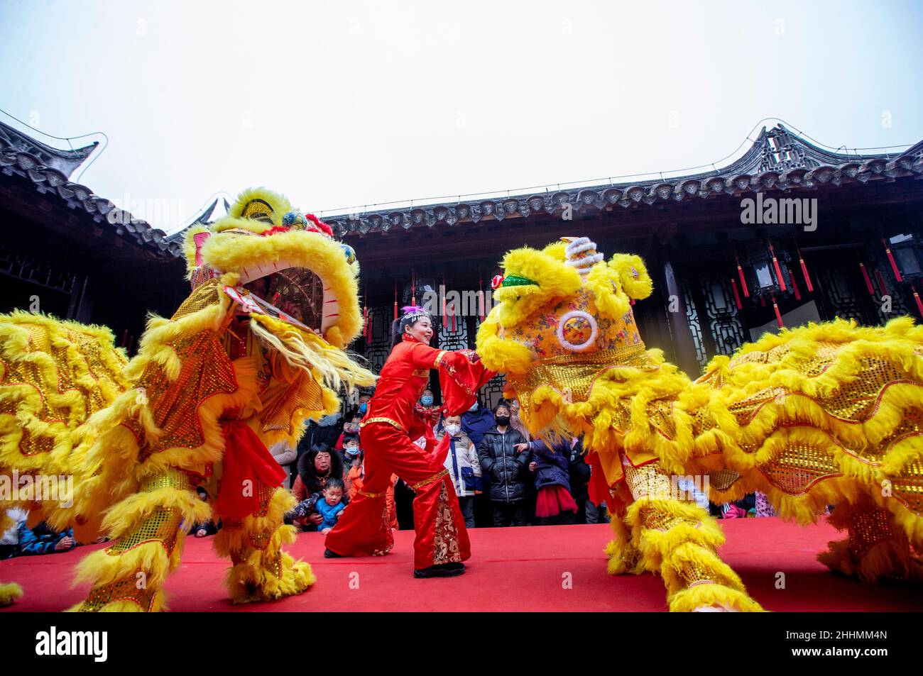 HAIAN, CHINA - JANUARY 25, 2022 - People watch a dragon dance ...