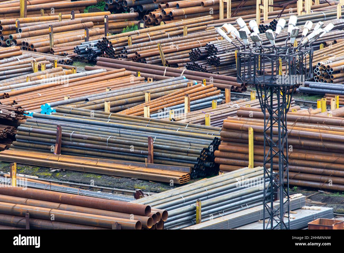 Steel Pipes Industry Construction stacked in Factory or station ...