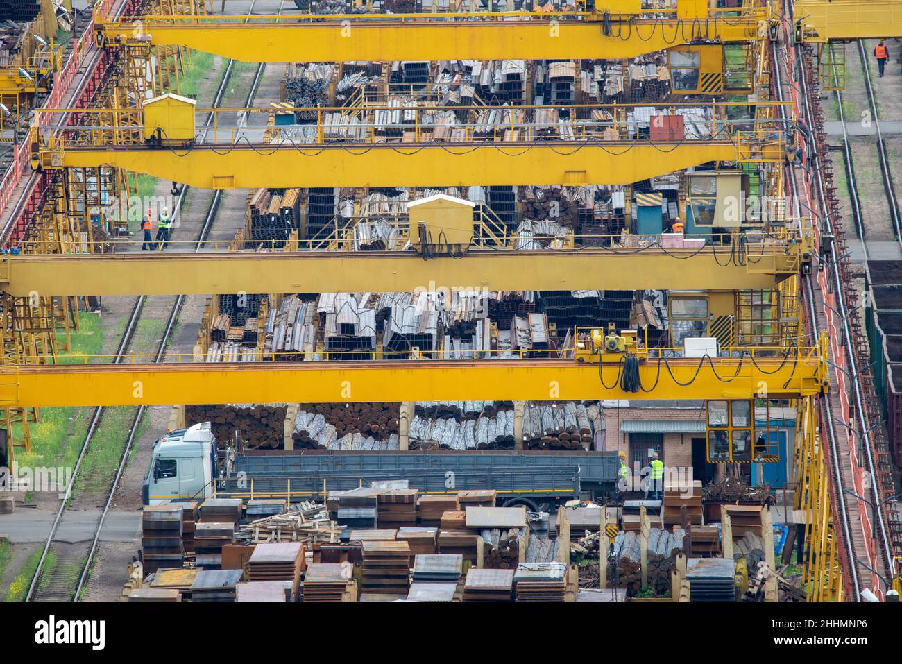 Warehouse of metal products, metal, on the background of a gantry ...