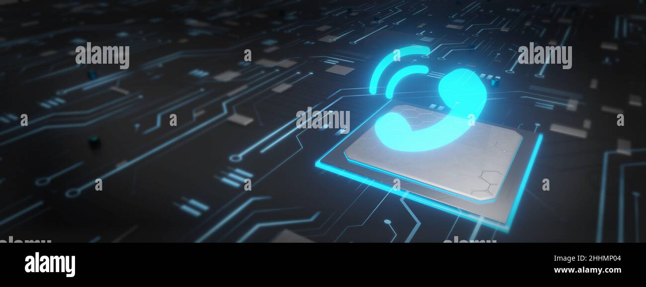 Glowing call icon with neon light on a motherboard Contact Us Concept ...