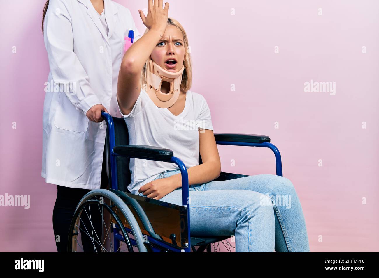 Beautiful blonde woman sitting on wheelchair with collar neck surprised ...