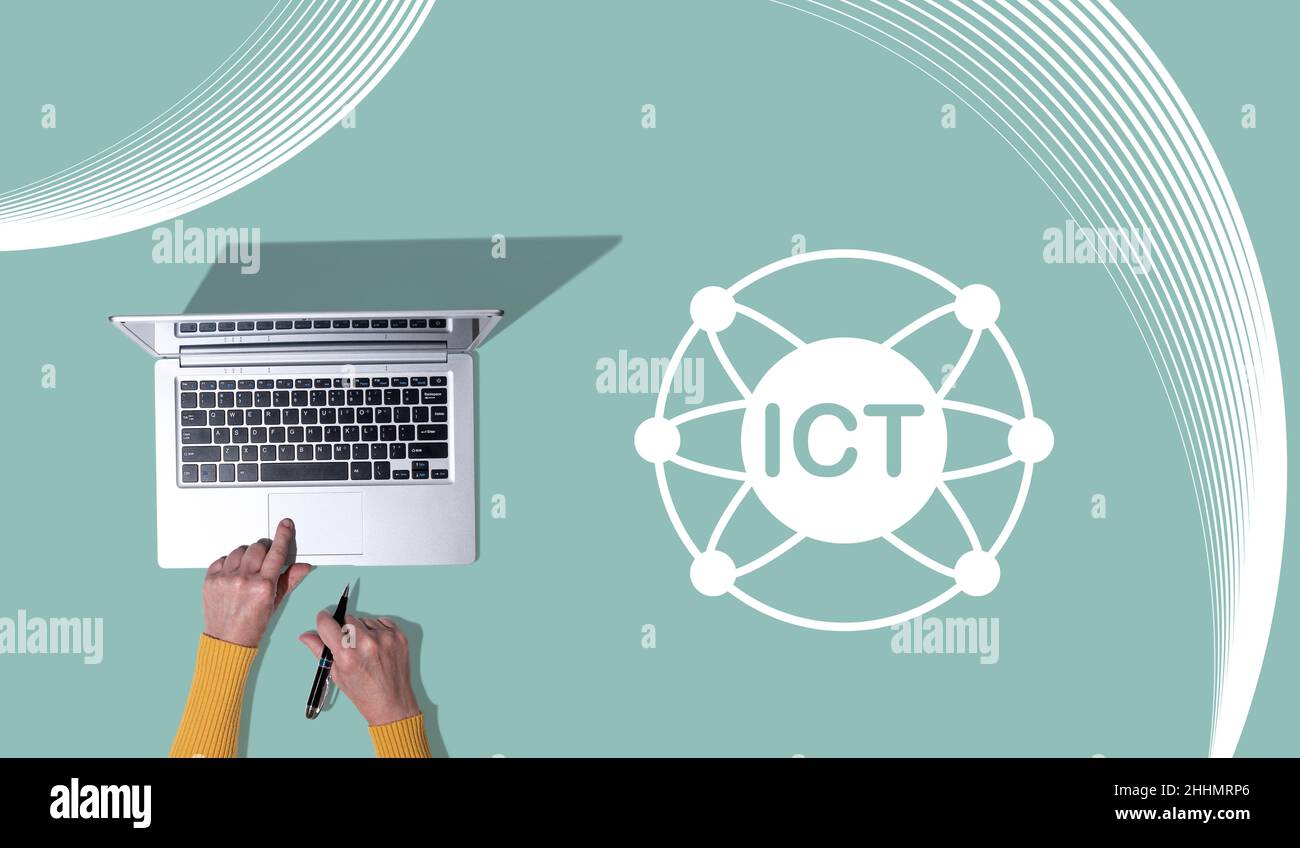 Top view of hands using laptop with symbol of ict concept Stock Photo ...