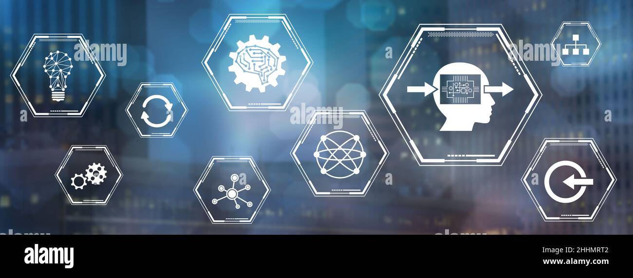 Concept of deep learning with icons on blurred dark background Stock ...
