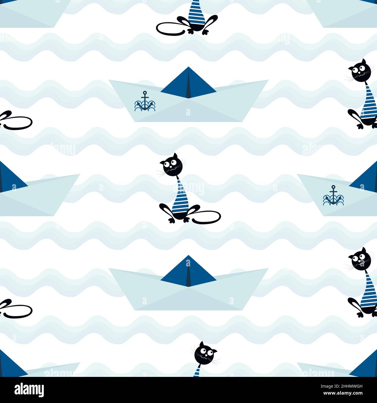 Cat sailor and paper boat with an anchor. Seamless pattern. Design of a ...