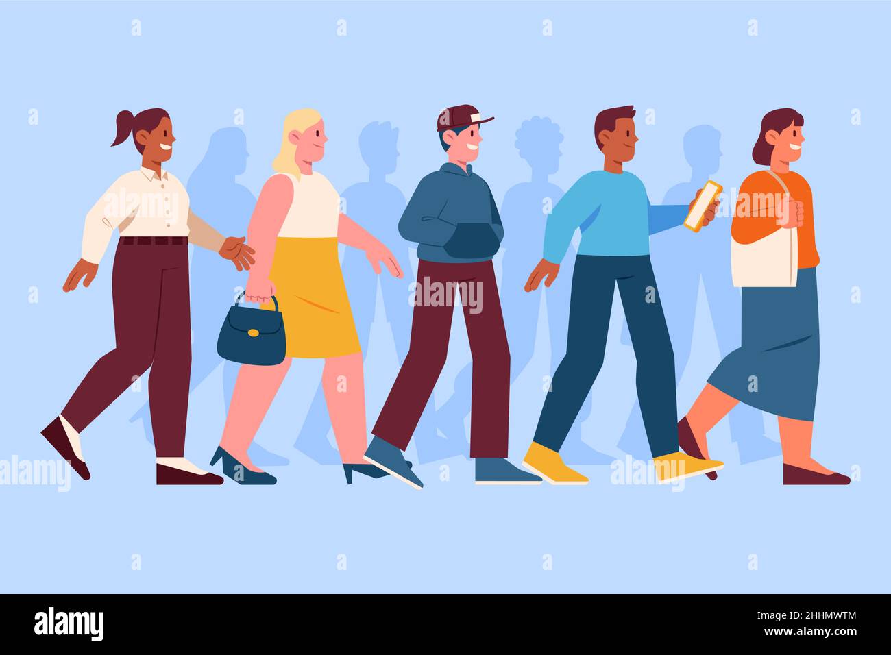 Hand drawn flat design crowd of people walking illustration Vector ...