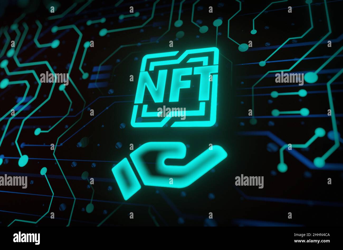 Non-fungible token hologram on virtual digital screen, nft with network ...
