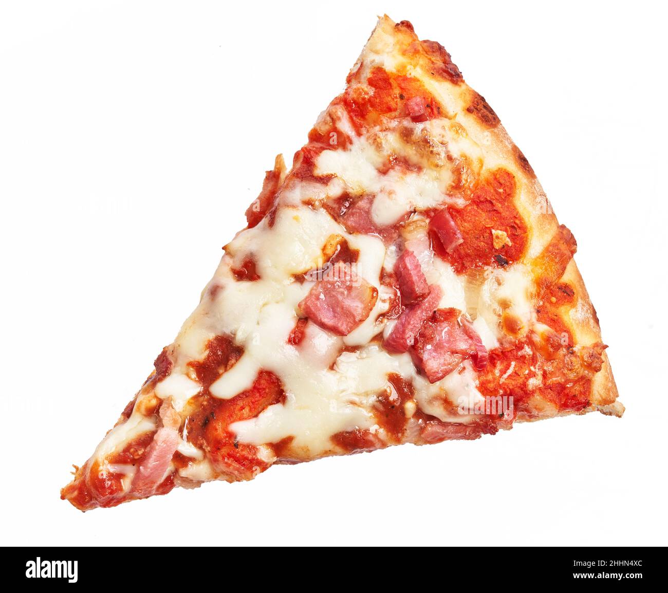 Slice of italian bacon pizza over white isolated background Stock Photo ...