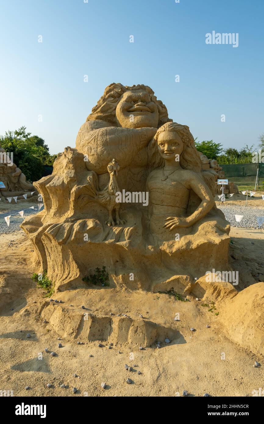 Sand figures of cartoon characters exhibited in the sea garden in ...