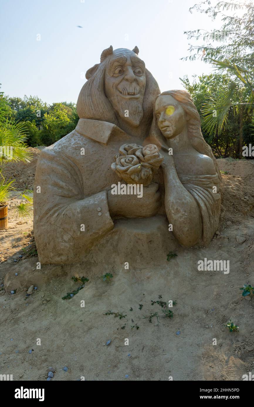 Sand figures of cartoon characters exhibited in the sea garden in ...