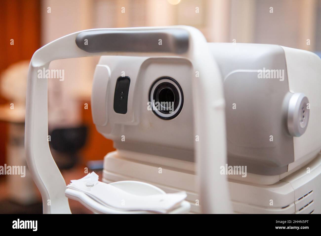Close-up of an optical instrument for measuring eyesight inside a ...