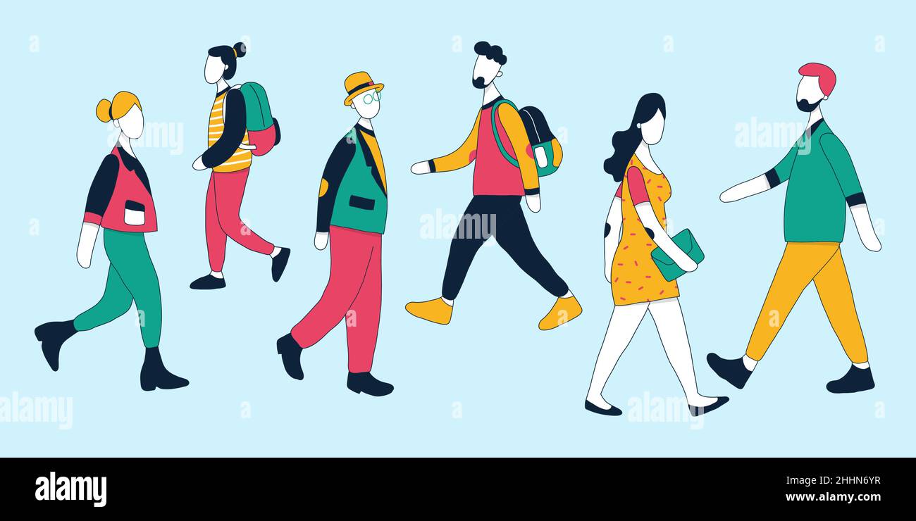 Hand drawn flat design crowd of people walking illustration Vector ...
