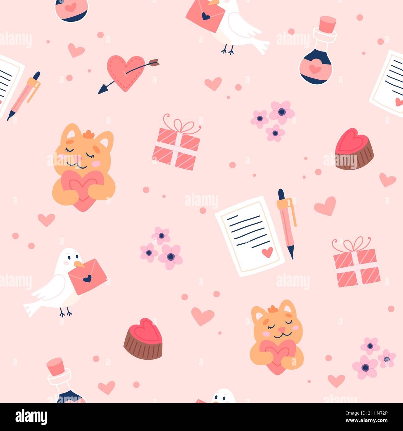 Valentine s day pattern with cute doves, cats and love letters. Hand ...