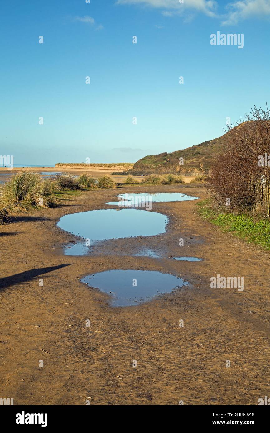 Seaside landscape showing sand and large puddles and grass Stock Photo ...