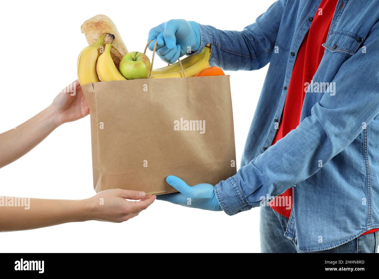 Delivery man give bag with food, isolated on white background Stock ...