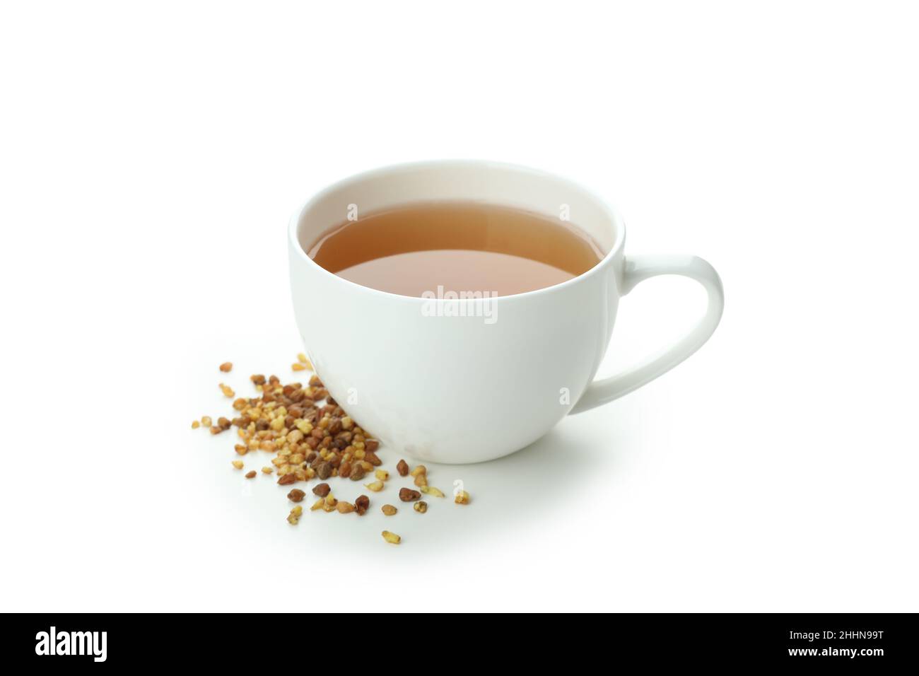 Concept of hot drink with buckwheat tea isolated on white background ...