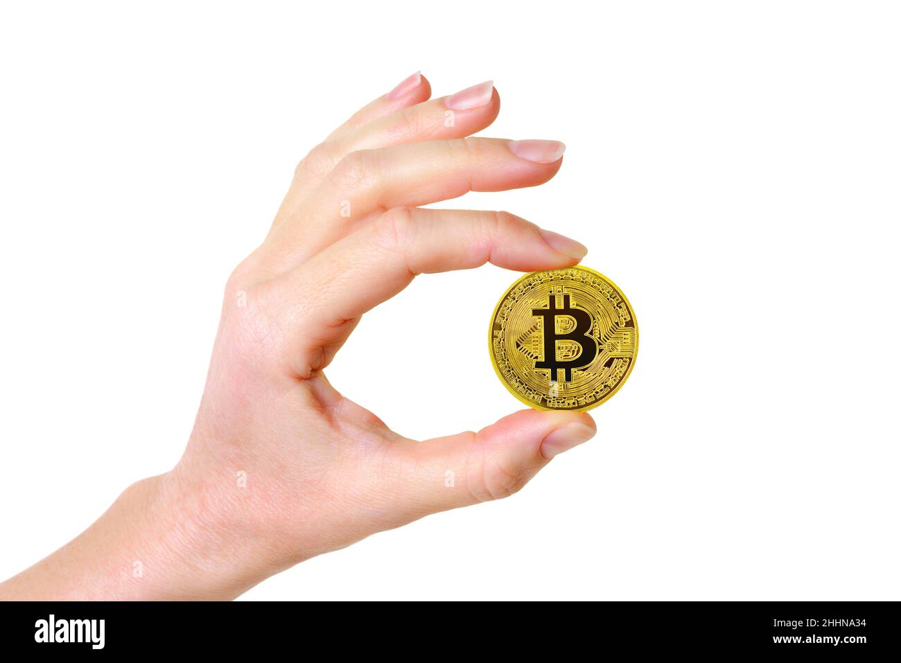 Bitcoin Cryptocurrency Coin Held Between a Womans Fingers Stock Photo ...