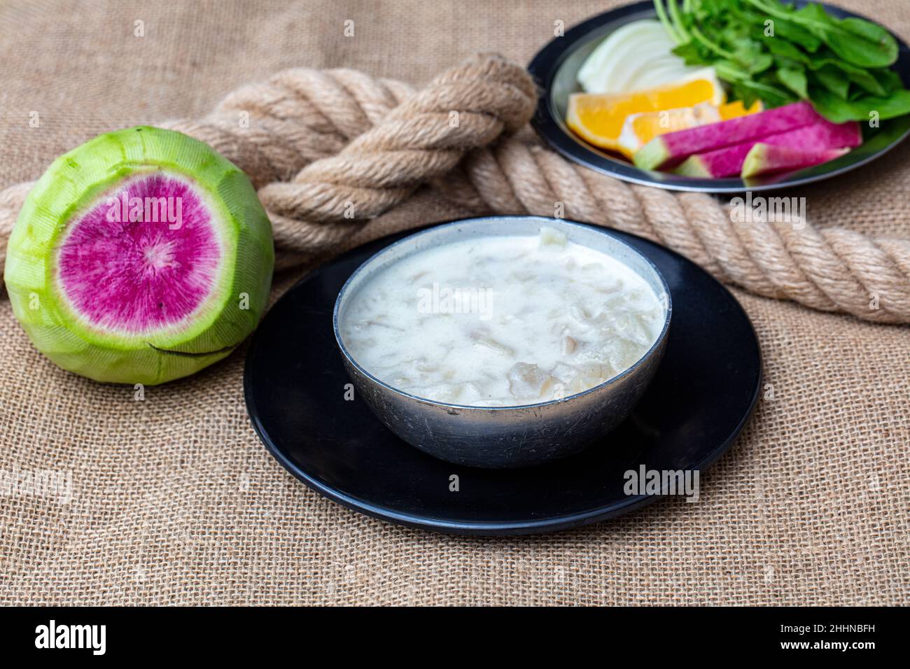 Turkish Traditional Tripe Soup on a linen background. Local name ...