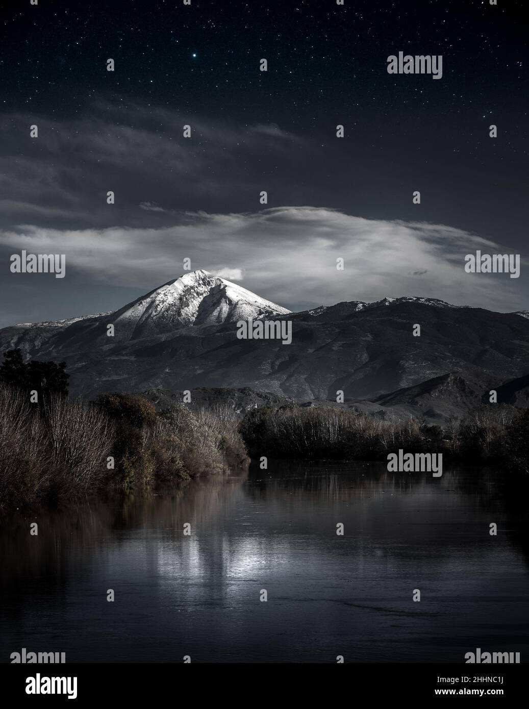 Nightscape scenery of a mountain peak full of snow and the reflection ...