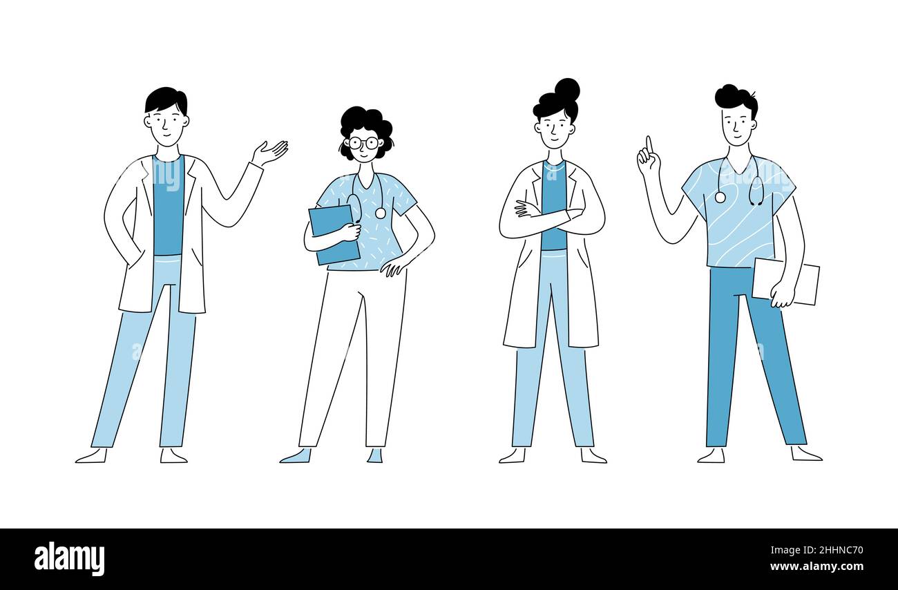 Medical doctor doodle line character set. Doctor team. Medical staff ...