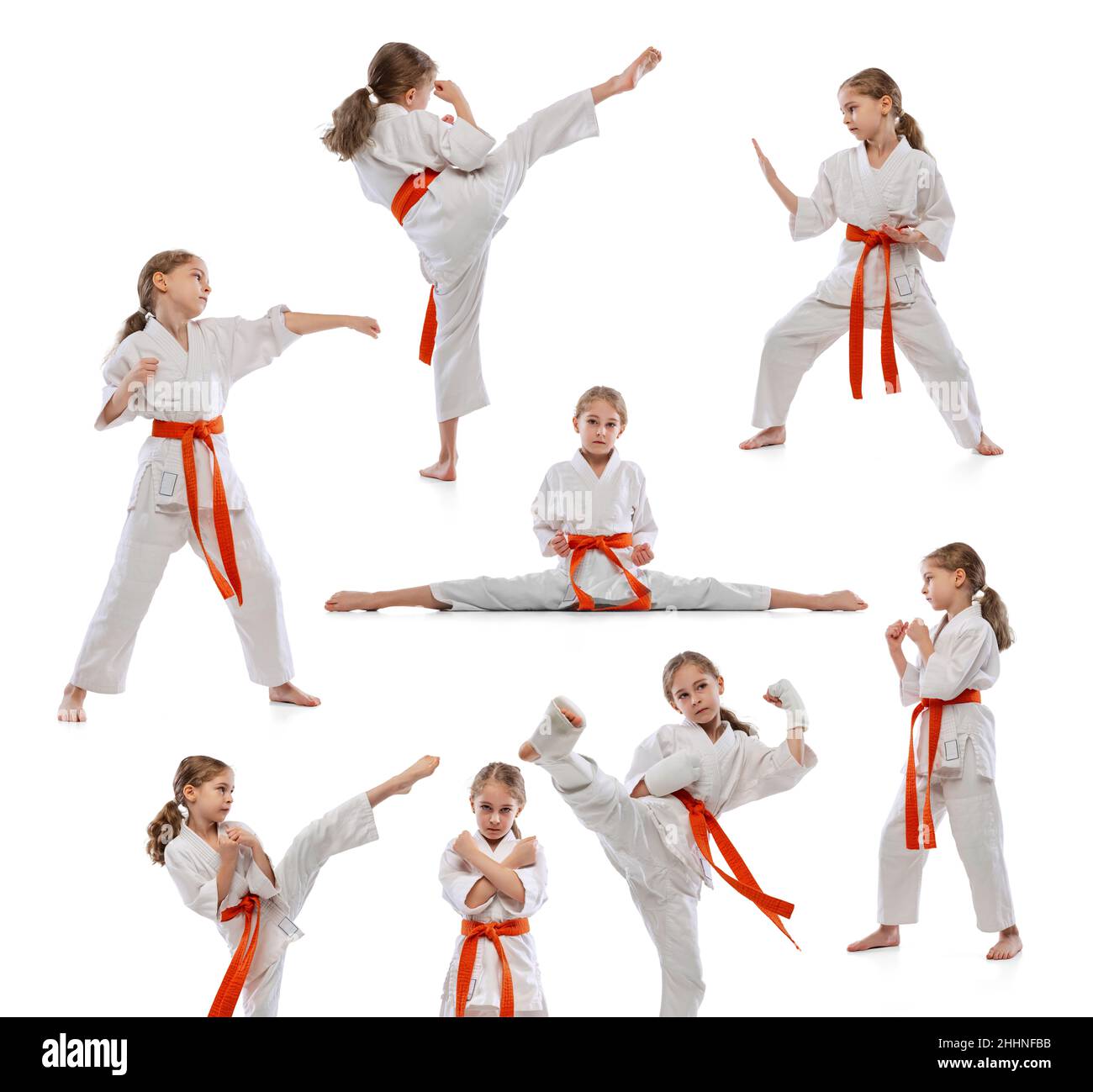 Collage. Sportive young girl, teen, taekwondo athlete training isolated ...