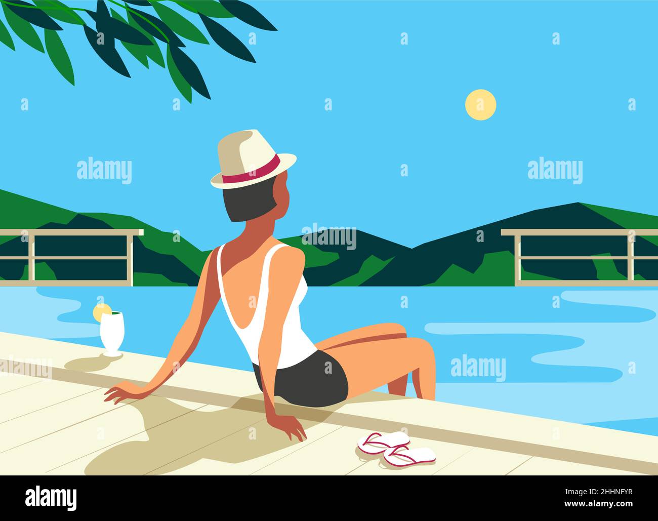 Girl relax in tourist resort swimming pool vector. Moutains scenic view ...
