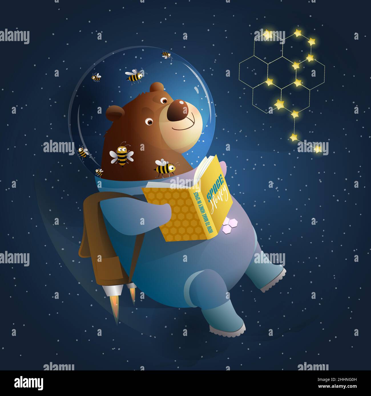 Bear Cosmonaut Reading Book Study in Outer Space Stock Vector Image ...