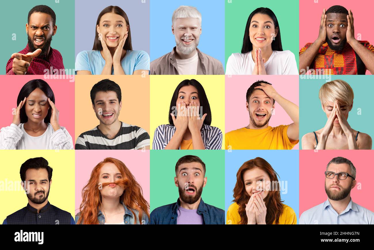 Collage set of diverse society expressing different emotions Stock ...