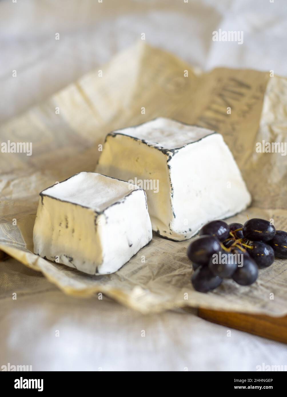 Various types of cheese with white mold on packaging paper Stock Photo ...