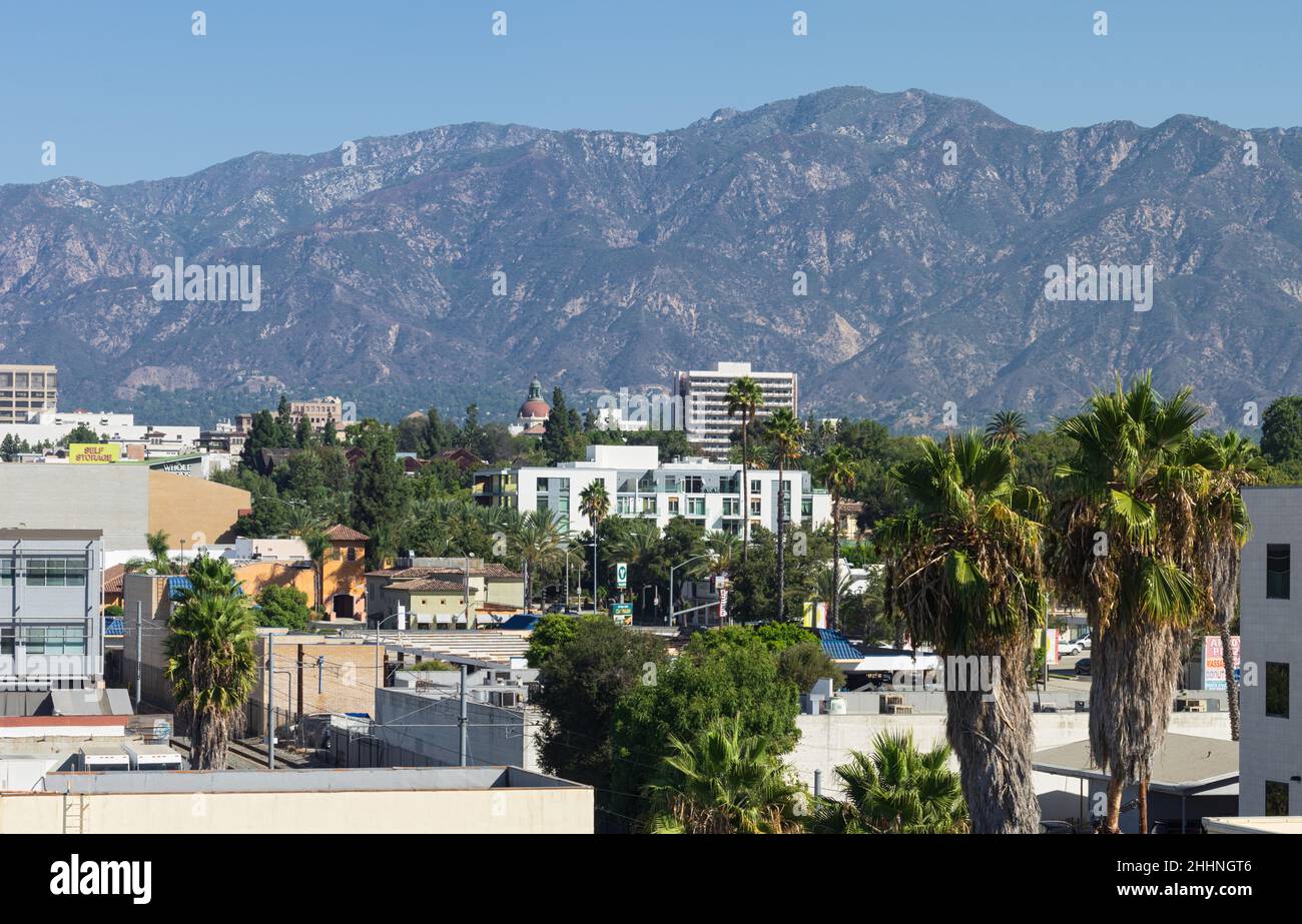 Pasadena, California cityscape, looking north, with the San Gabriel ...