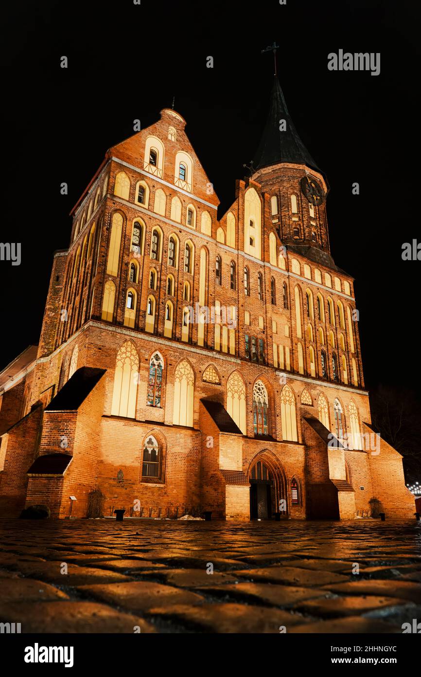 Aerial view of the Cathedral in the city center of Kaliningrad at night ...