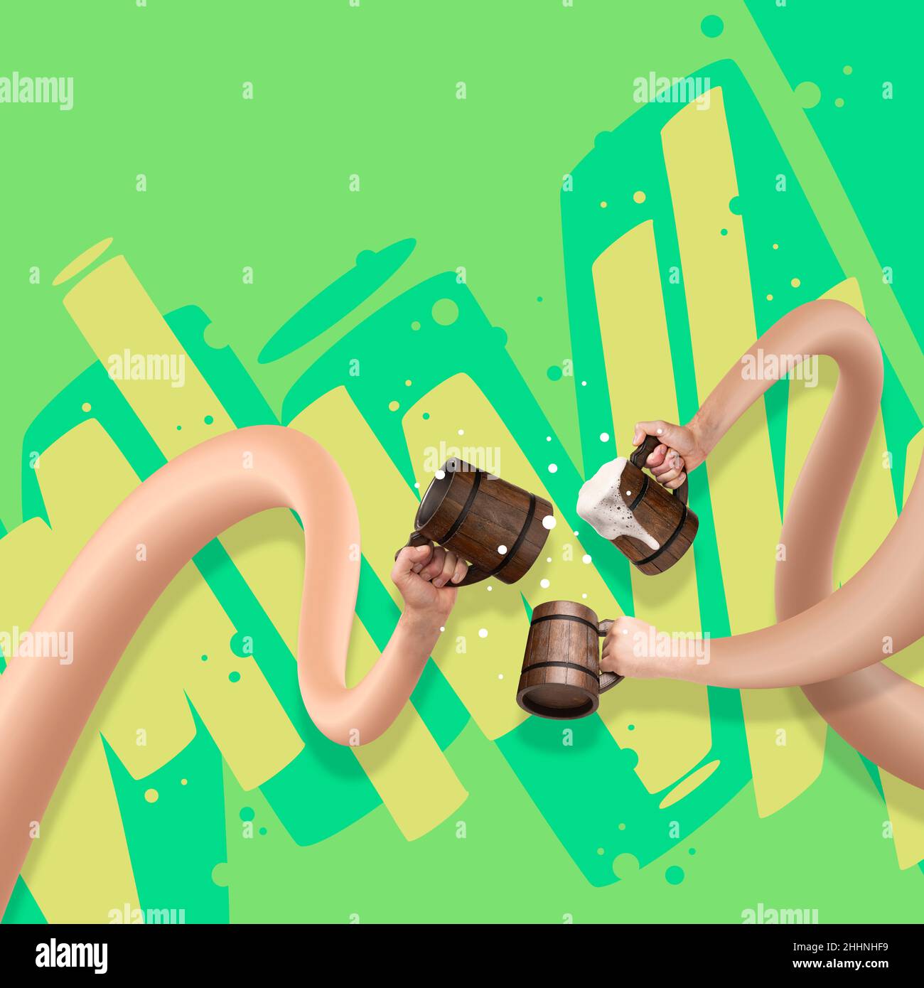 Creative modern collage. Three hands with wooden beer mugs clinking ...