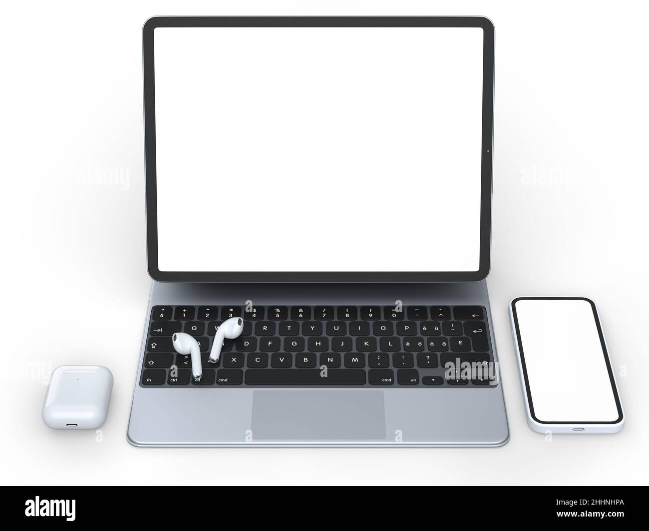 Aluminum laptop with mobile phone headphones on white background. 3D ...