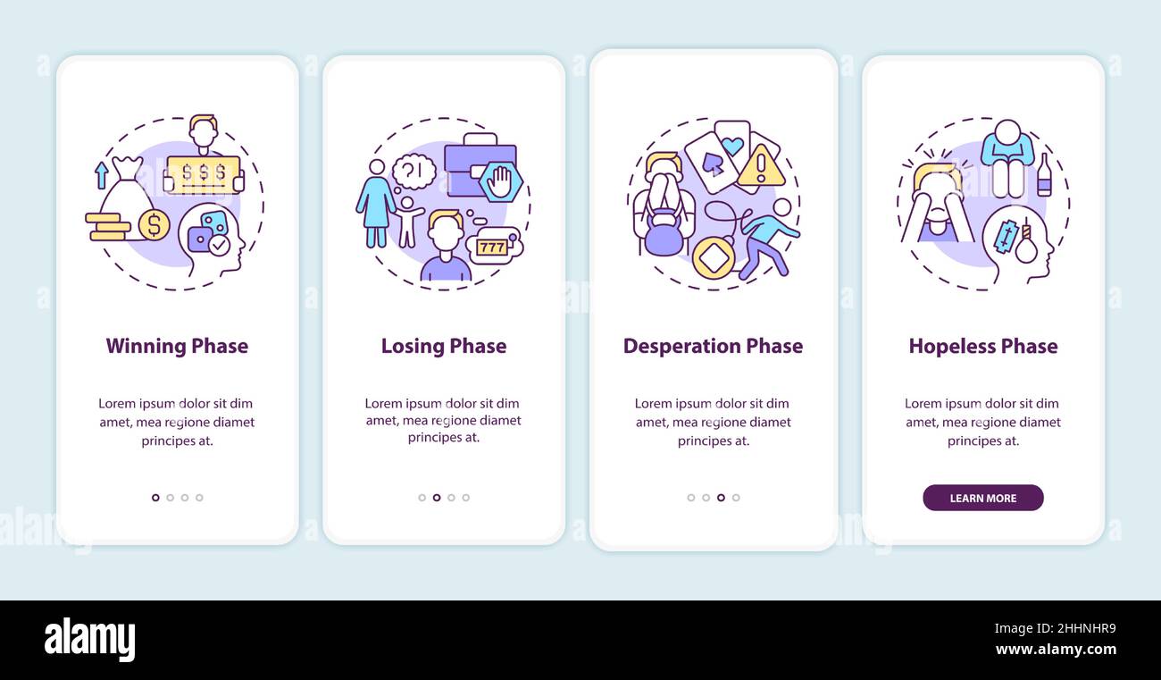 Phases of gambling addiction onboarding mobile app screen Stock Vector ...