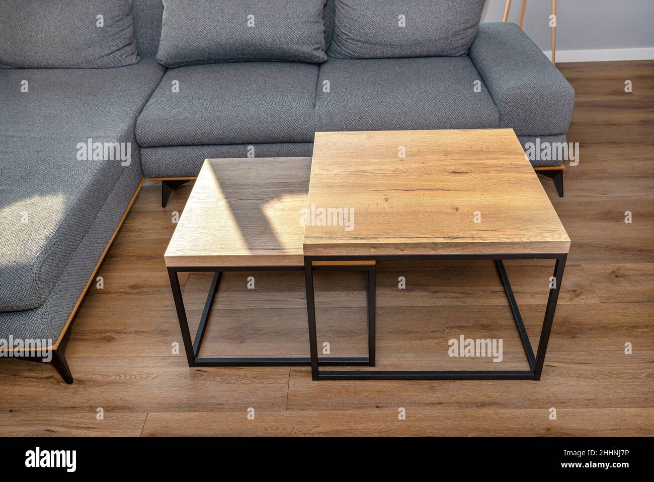 A modern and simple living room in the house with a gray sofa, visible ...