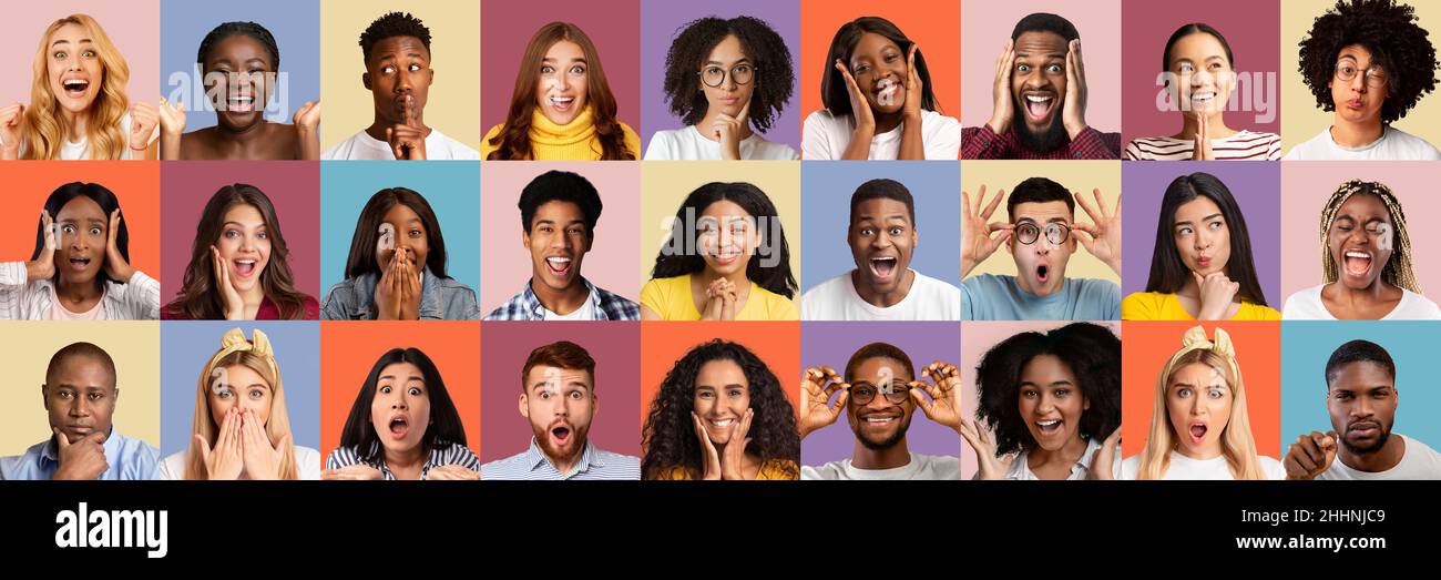Collage of different face expressions of multiracial millennial people ...