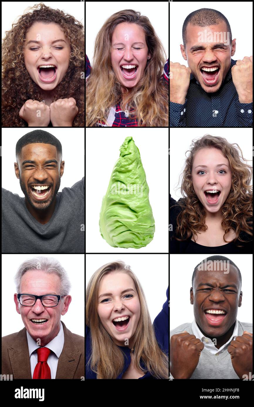 Cheerful people surrounded with healthy food Stock Photo - Alamy
