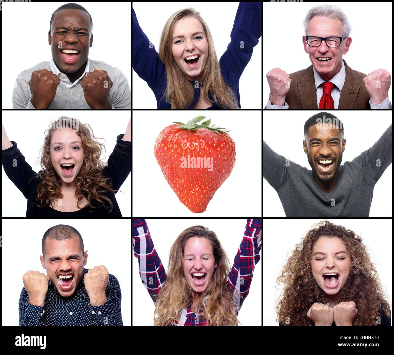 Cheerful people surrounded with healthy food Stock Photo - Alamy