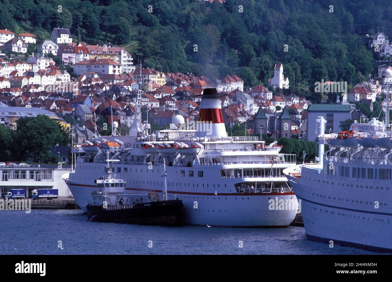 BERGEN, NORWAY IN 1991, analog. View of Bergen harbor, port, boats, and ...