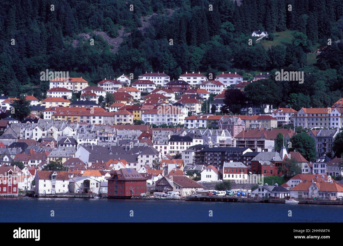 BERGEN, NORWAY IN 1991, analog. View of Bergen harbor, port, boats, and ...