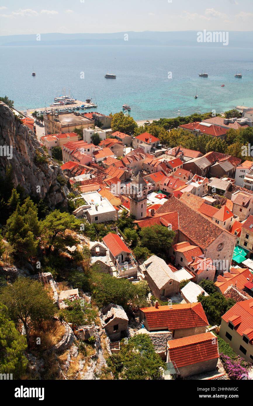 Omis city, Croatia - top view of the roofs of the houses, sea Stock ...