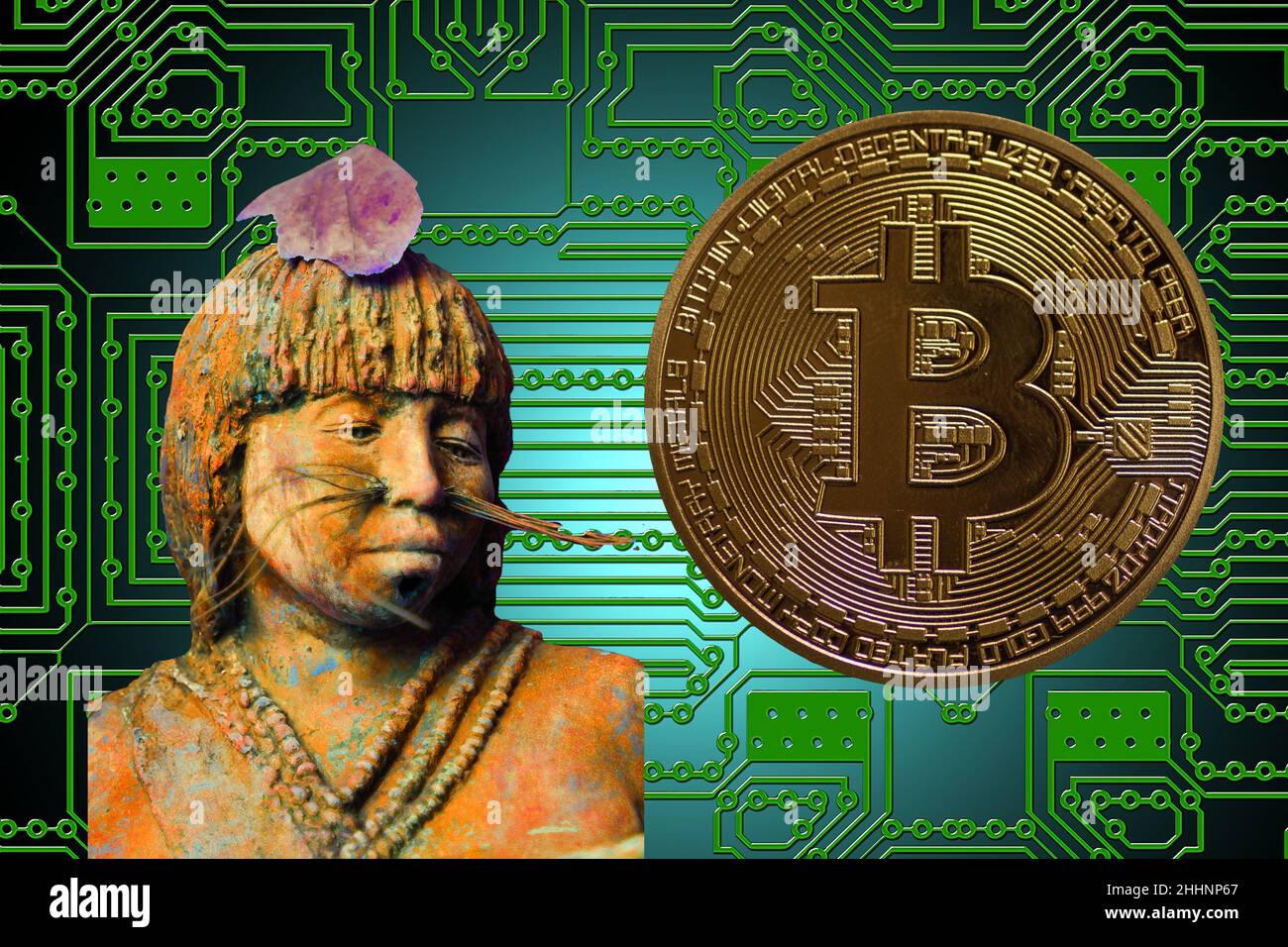 maja sculpture with golden valueable bitcoin on a green circuit board ...