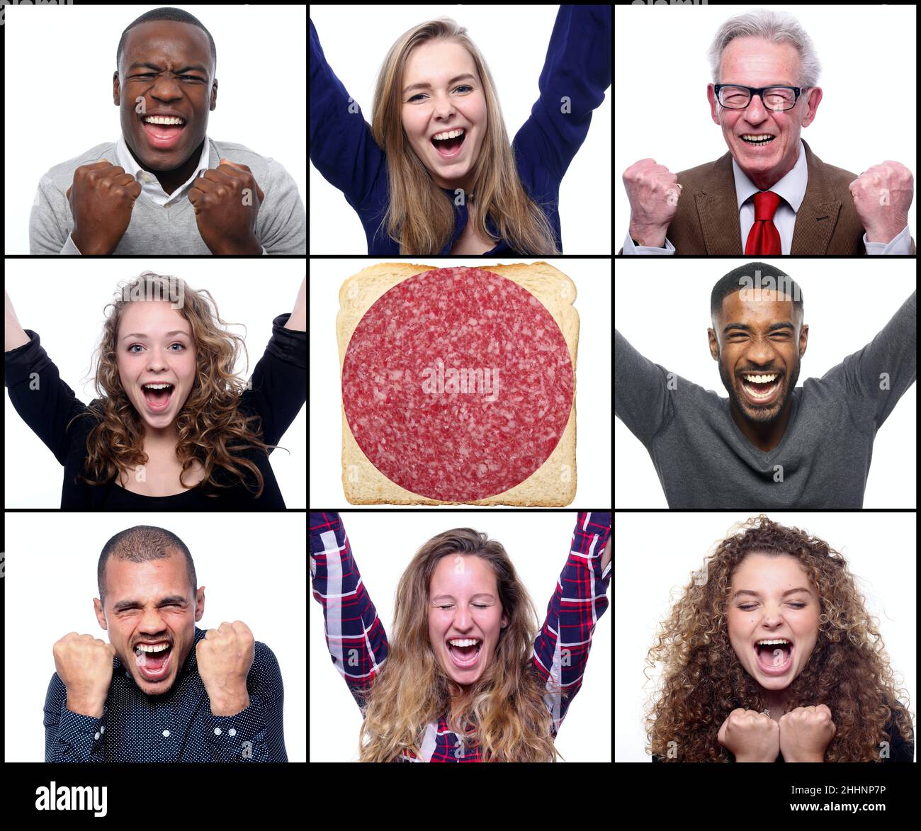Cheerful people surrounded with healthy food Stock Photo - Alamy