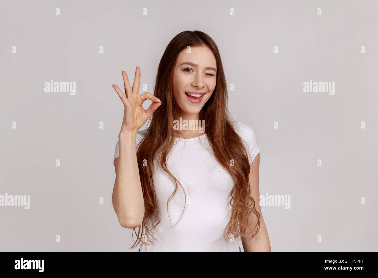 Portrait of woman gesturing okay sign, completely agree with suggestion ...