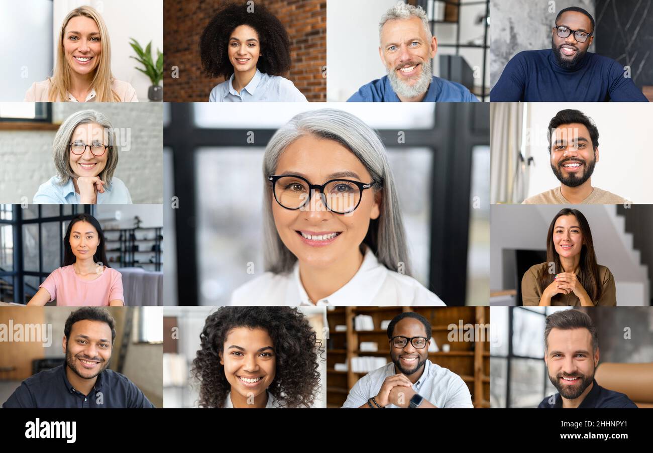 Online webinar concept. Video chat of diverse people. Video screen with ...